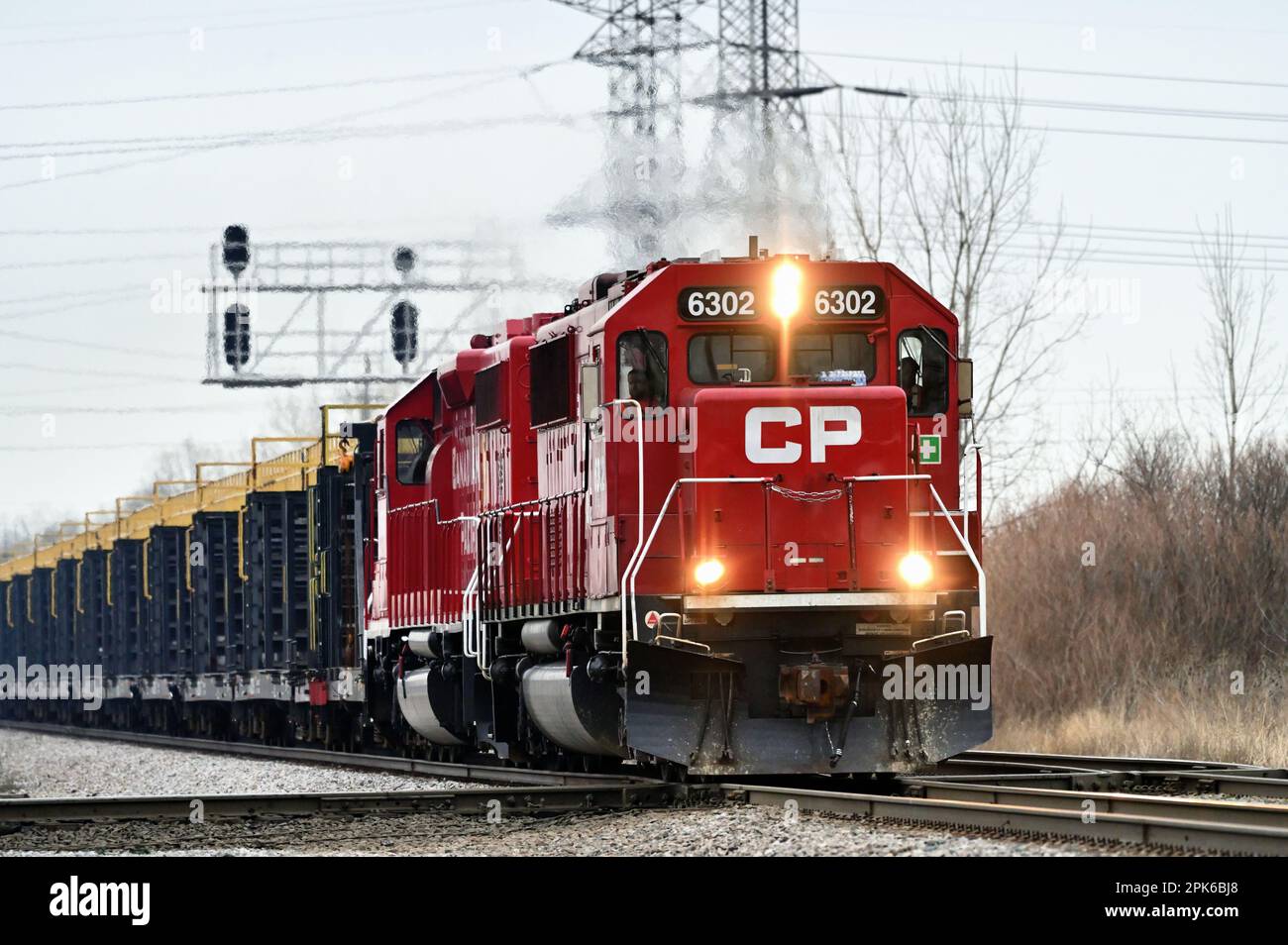 Elgin, Illinois, USA. A pair of Canadian Pacific Railway locomotives lead an empty rail train ...
