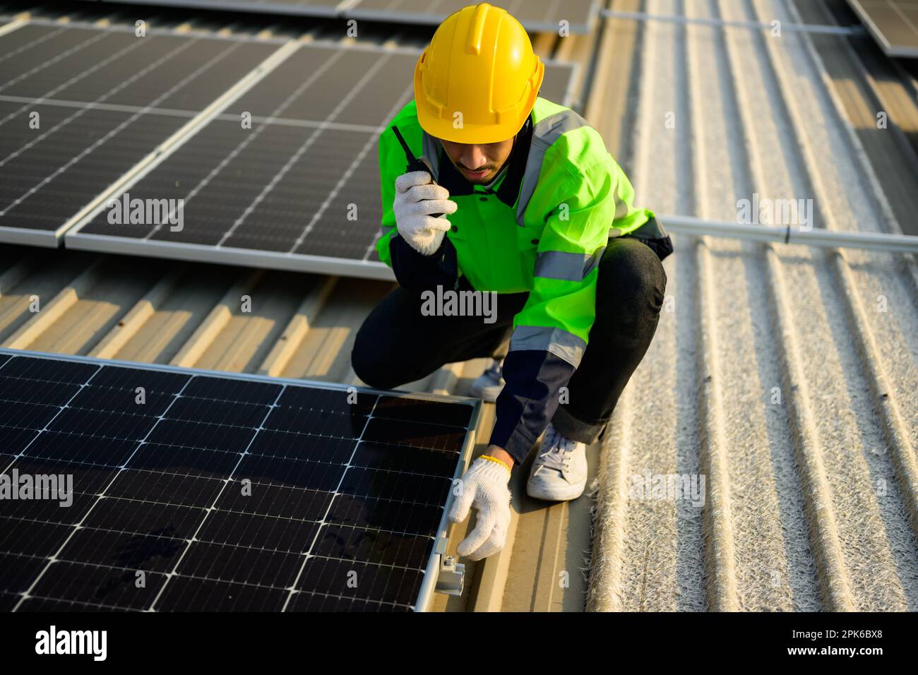 Professional engineer technician with safety helmet checking system ...