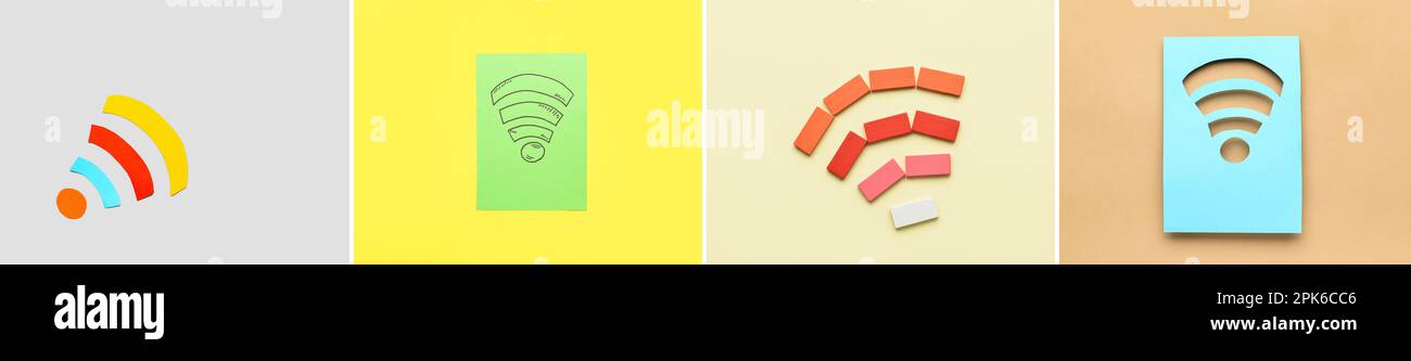 Collage of creative wifi symbols on color background Stock Photo - Alamy