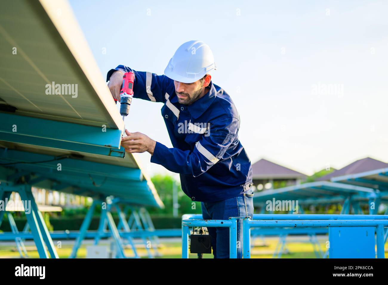 Solar panel station, Engineer installing solar panel at solar energy ...