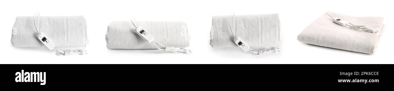 Collage of light electric heating bed sheet on white background Stock ...