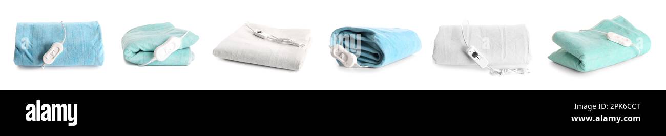 Collage of electric heating bed sheets on white background Stock Photo ...