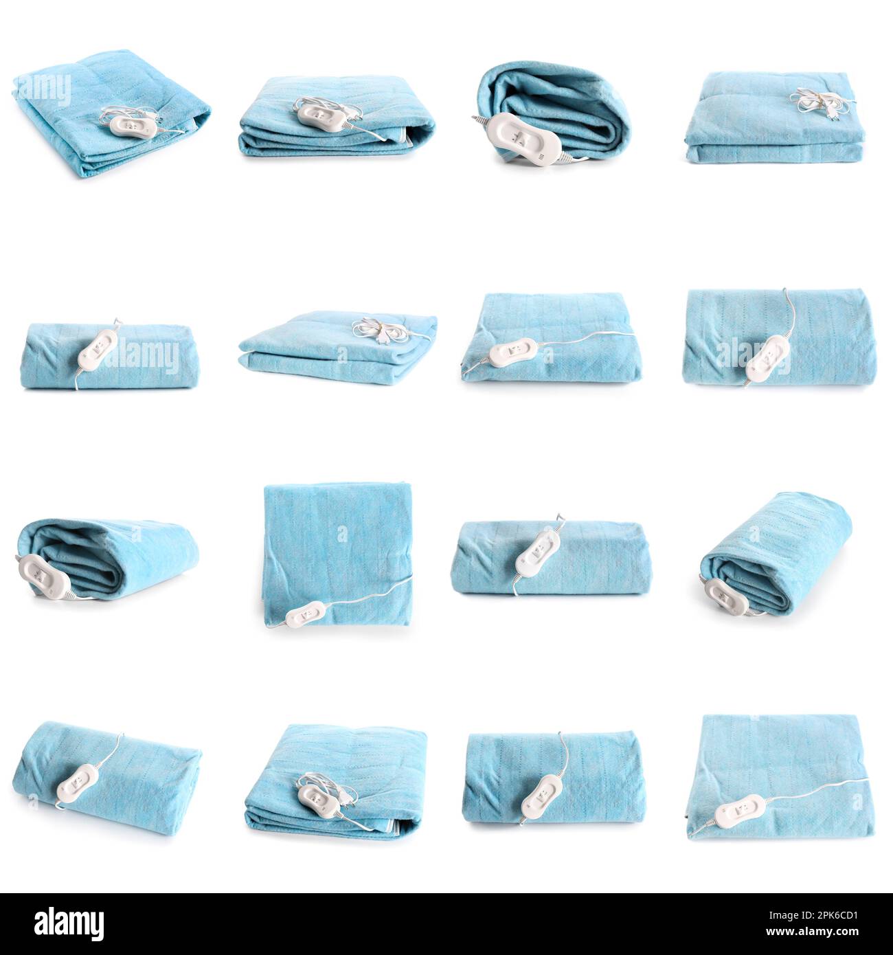 Collage of blue electric heating bed sheet on white background Stock ...