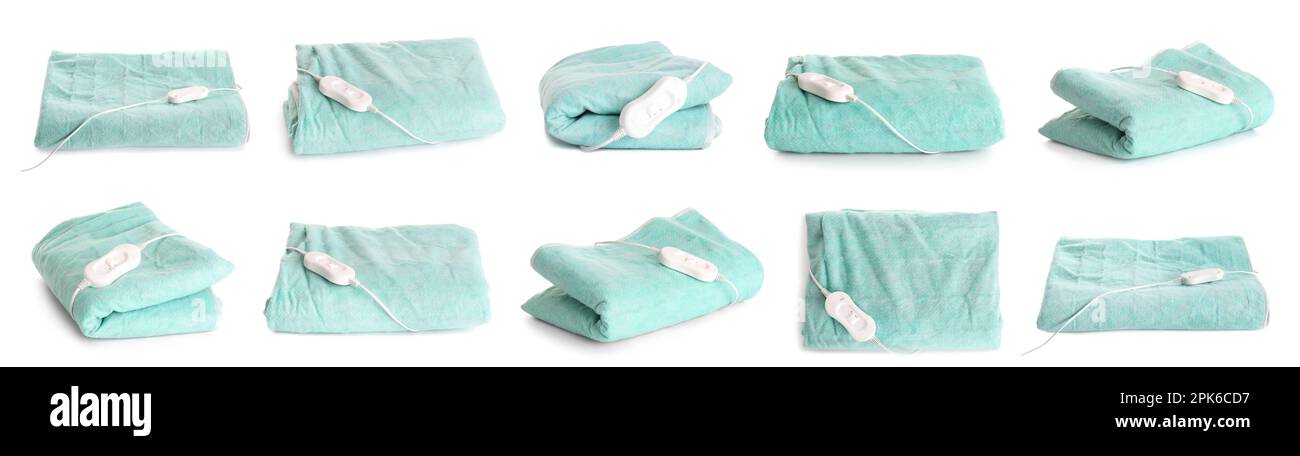 Collage of turquoise electric heating bed sheet on white background ...