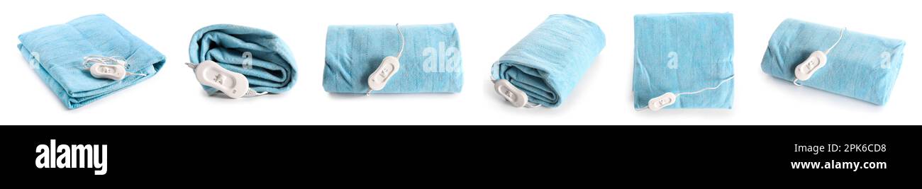 Collage of blue electric heating bed sheet on white background Stock ...