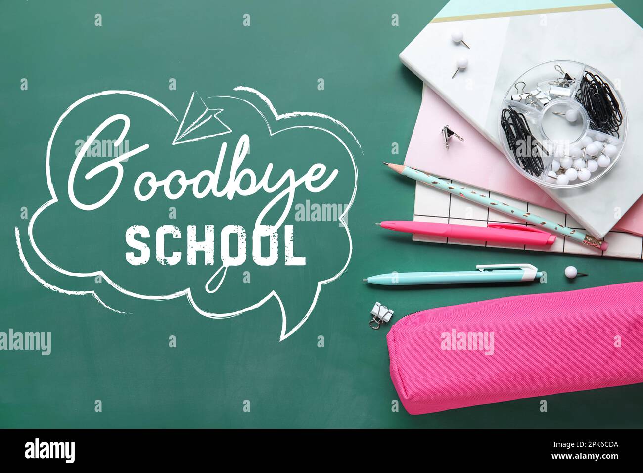 Stationery and text GOODBYE, SCHOOL on blackboard Stock Photo - Alamy