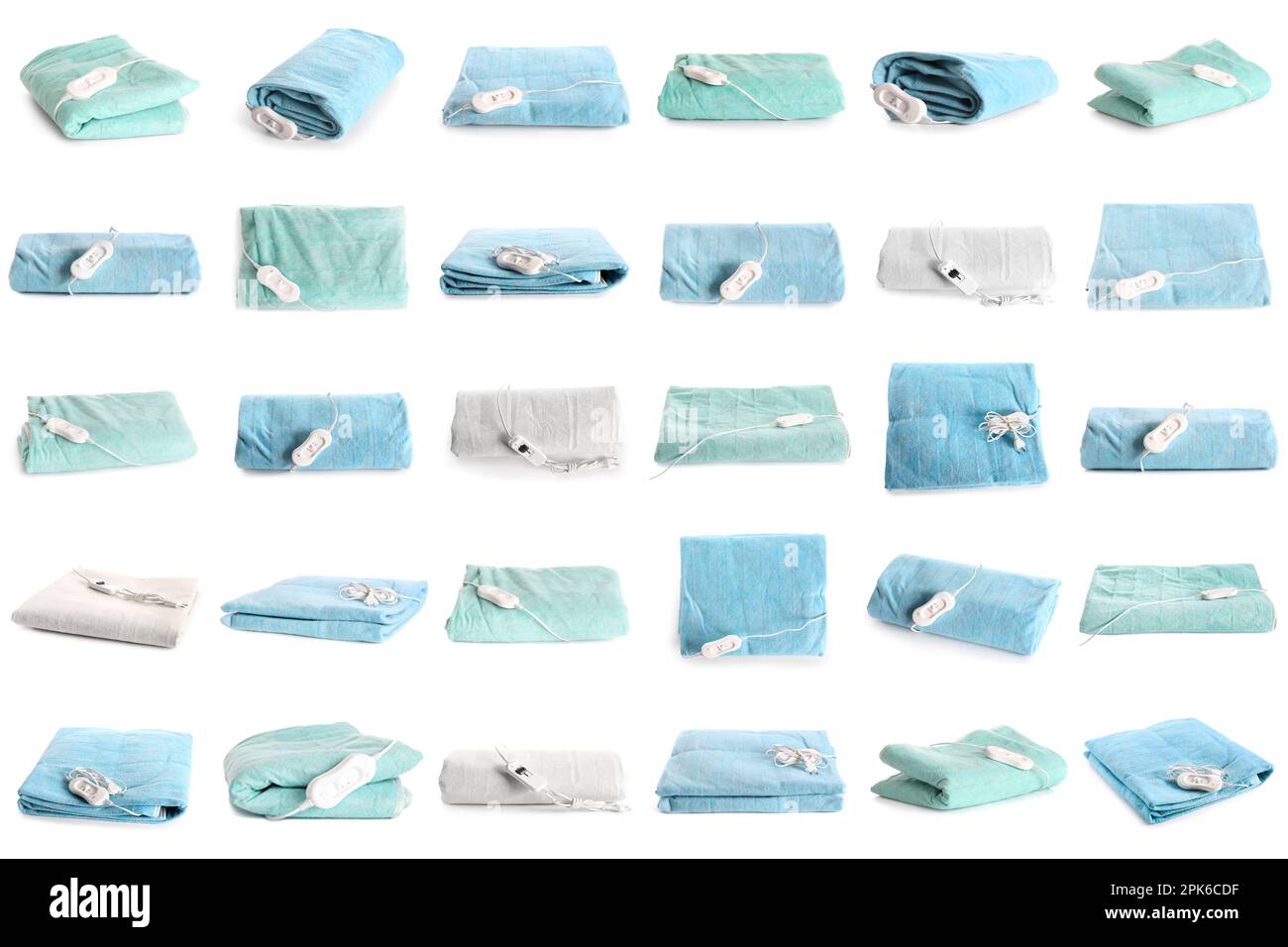 Collage of electric heating bed sheets on white background Stock Photo ...