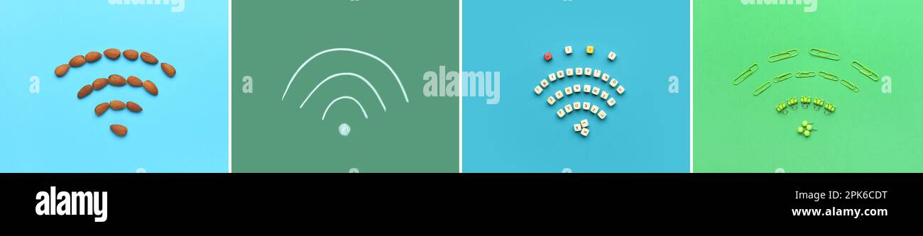 Collage of creative wifi symbols on green and blue backgrounds Stock ...