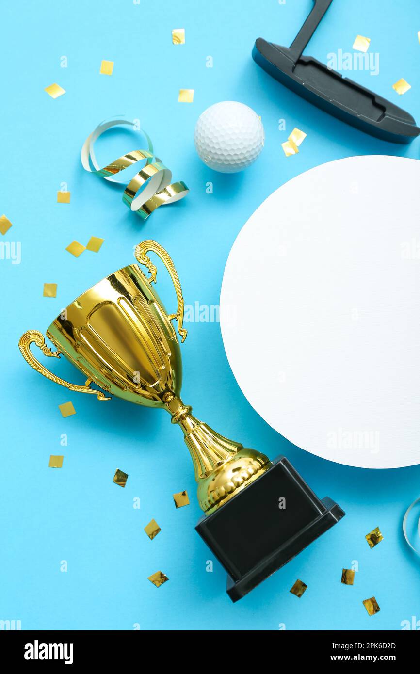Blank card with gold cup, golf club, balls and confetti on blue ...