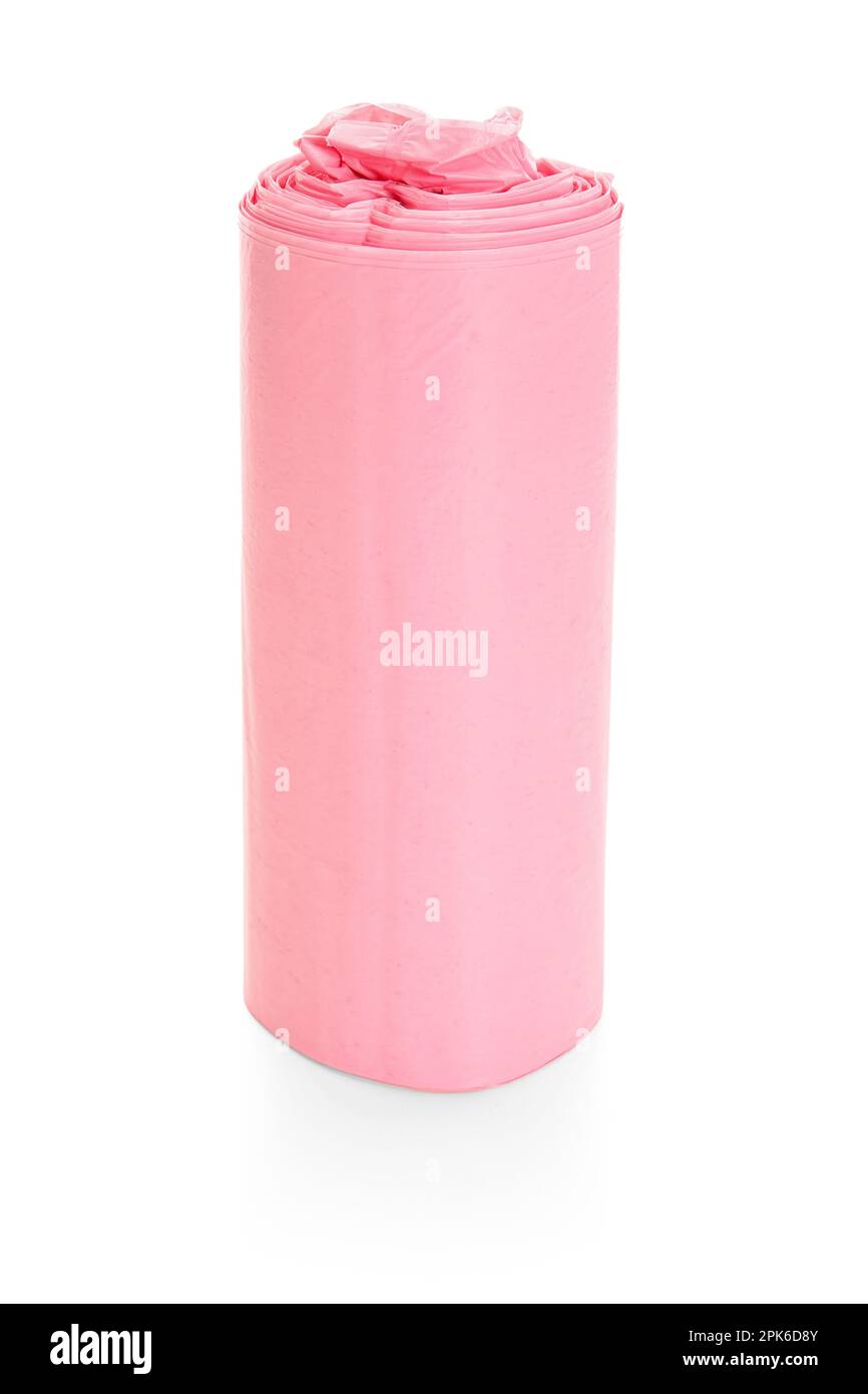 Pink roll of garbage bags isolated on white background Stock Photo - Alamy