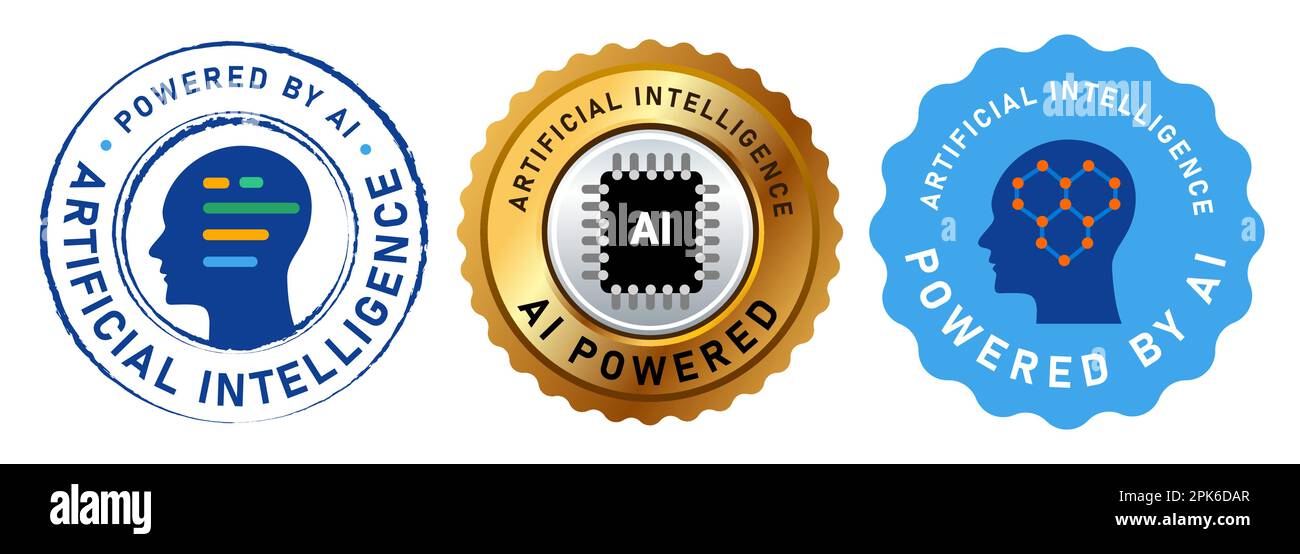 Powered by AI Artificial Intelligence label stamp emblem logo of neural network study Stock ...