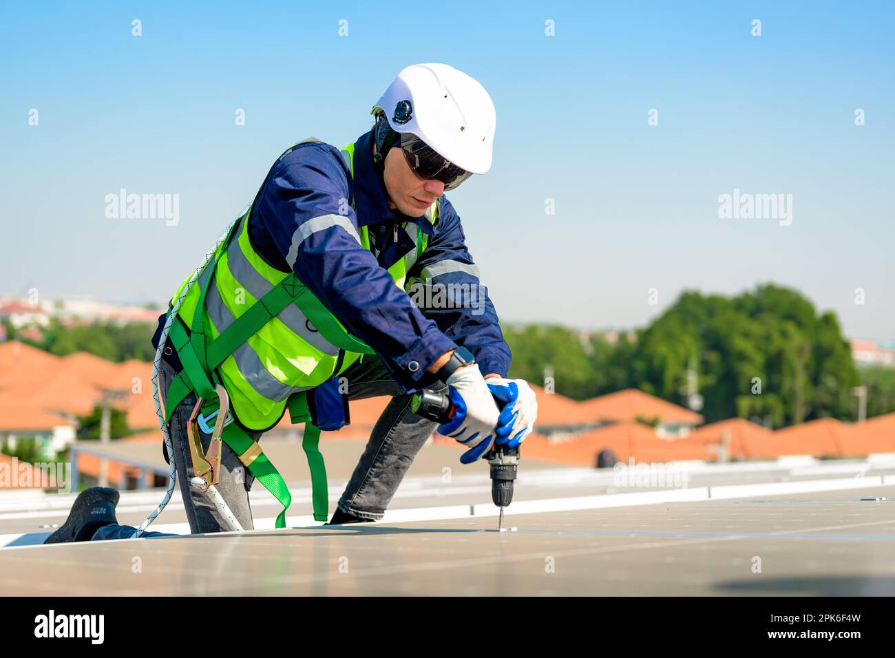 Professional engineer technician with safety helmet checking system ...
