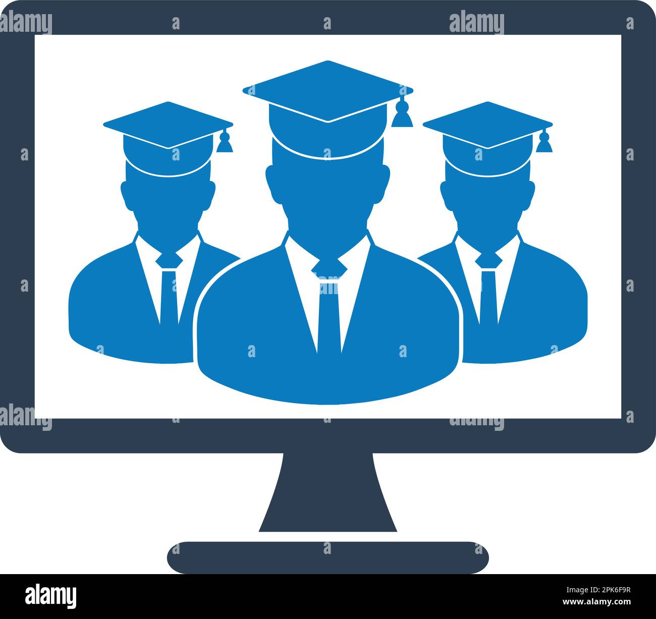 Online Learning Icon with graduate students on Computer Monitor. Flat ...