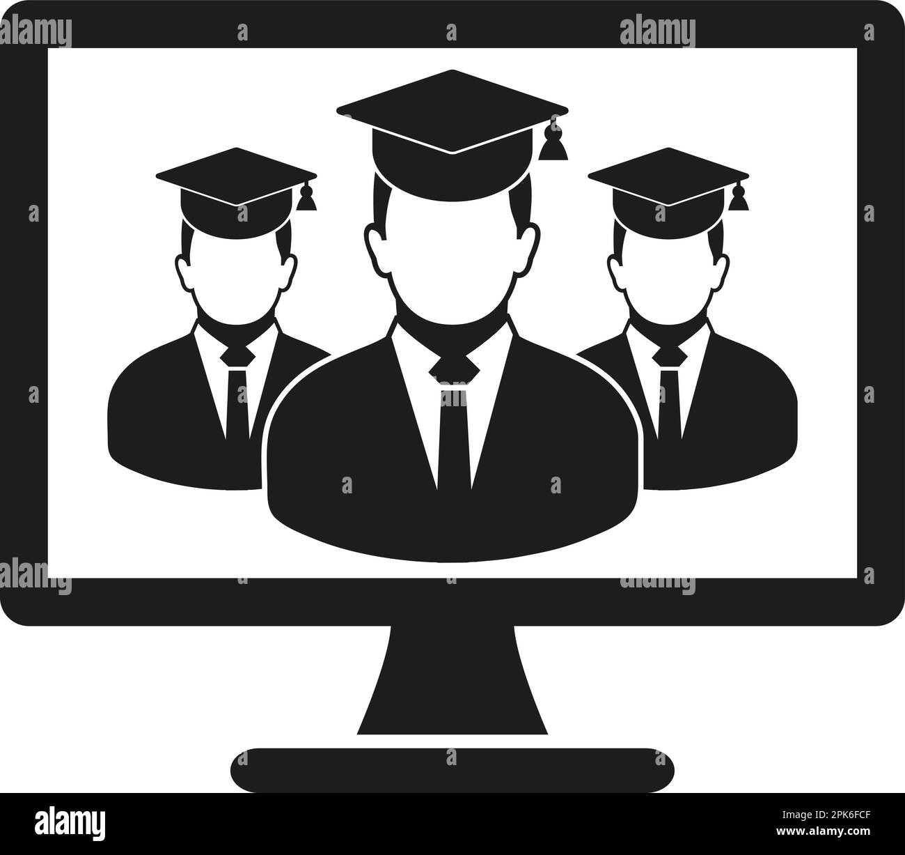 Online Learning Icon with graduate students on Computer Monitor. Flat ...