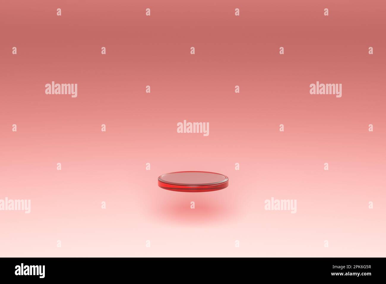 Glass red disk on a light pink background. Minimal scene. A podium for ...
