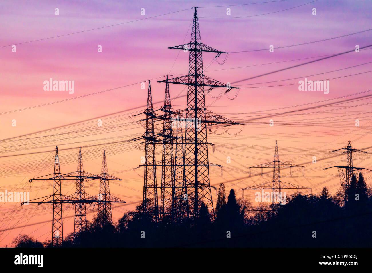 High-voltage pylon, evening glow, Ludwigsburg am Neckar, Baden ...