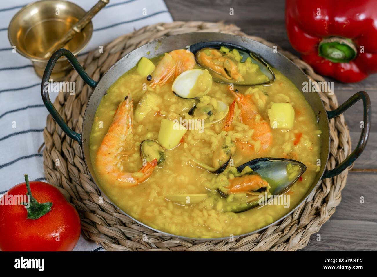 Top view of a typical spanish seafood paella Stock Photo - Alamy