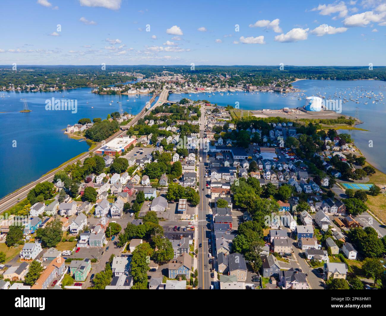 Aerial view of Salem Neck historic district, Danvers River, Beverly ...