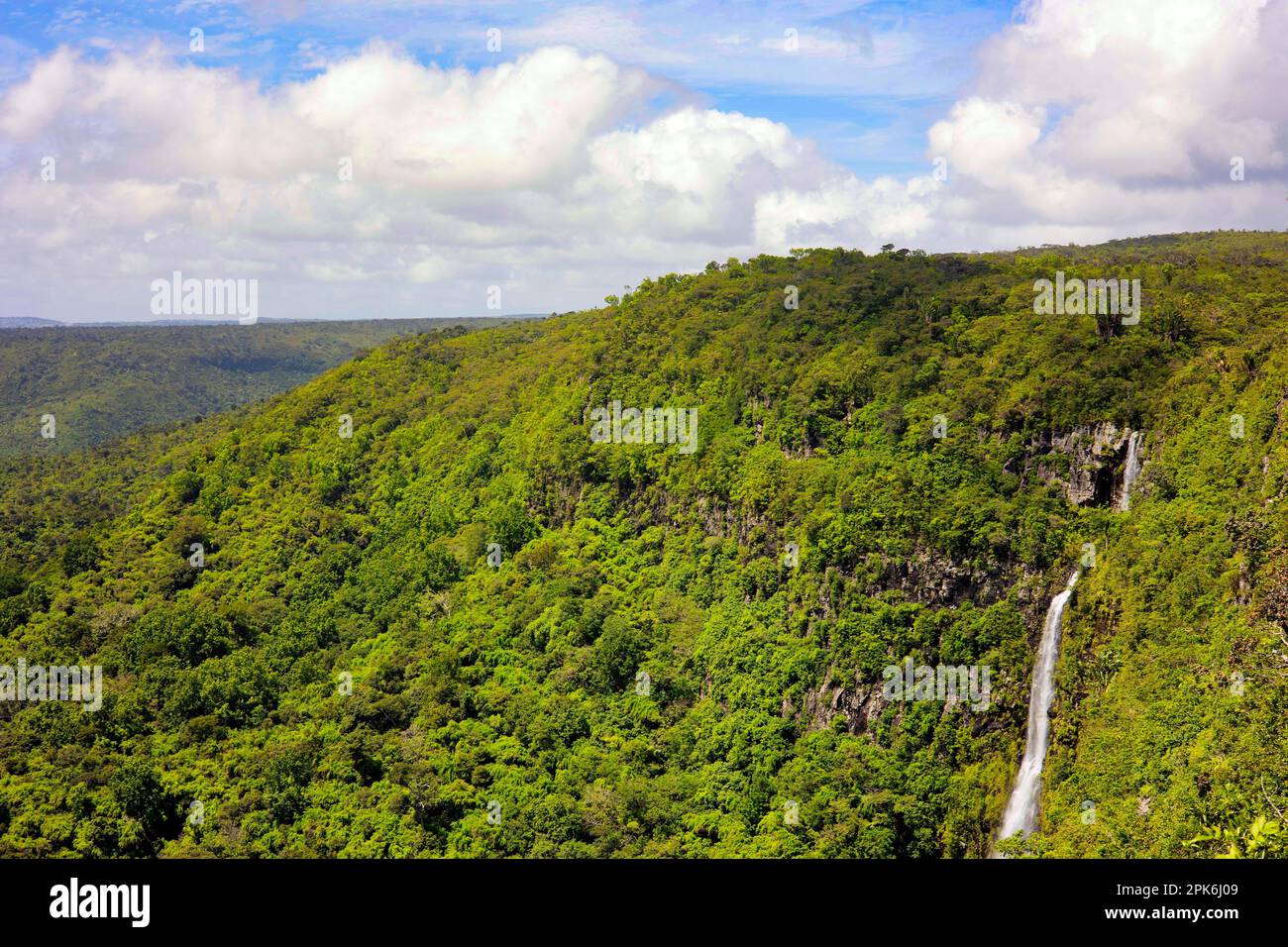 View into the Black River Gorges National Park and on a waterfall ...