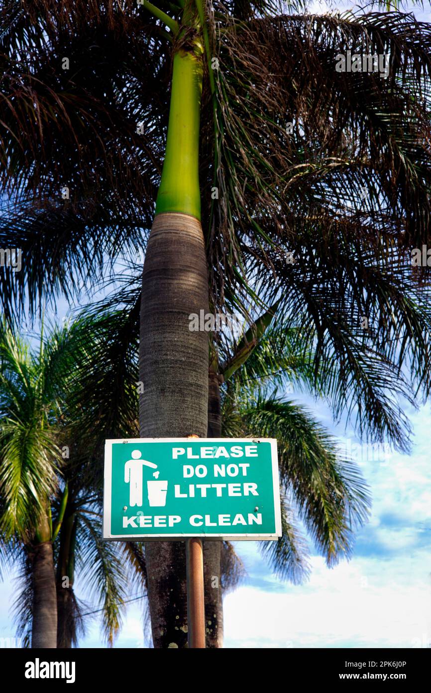 In front of a palm tree is a sign with the inscription, Please do not ...