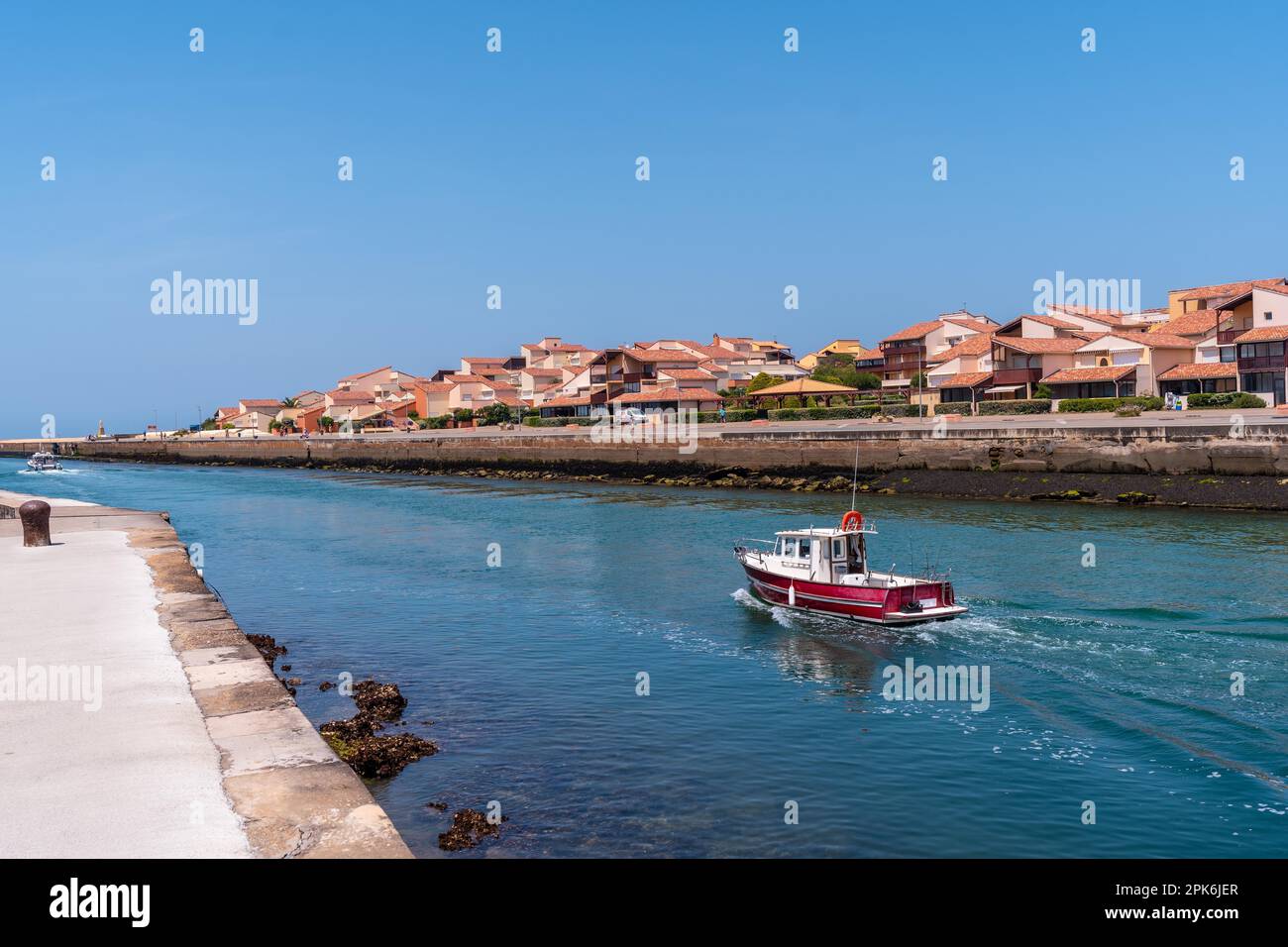 Capbreton village on the coast of the French Basque Country, a boat ...