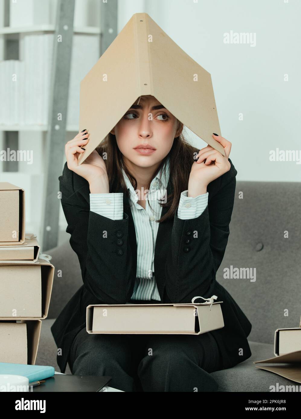 Crazy business. Sad secretary girl, stressed overworked businesswoman ...