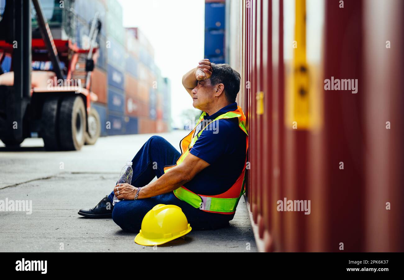 Tired industrial logistic worker working at overseas shipping container ...