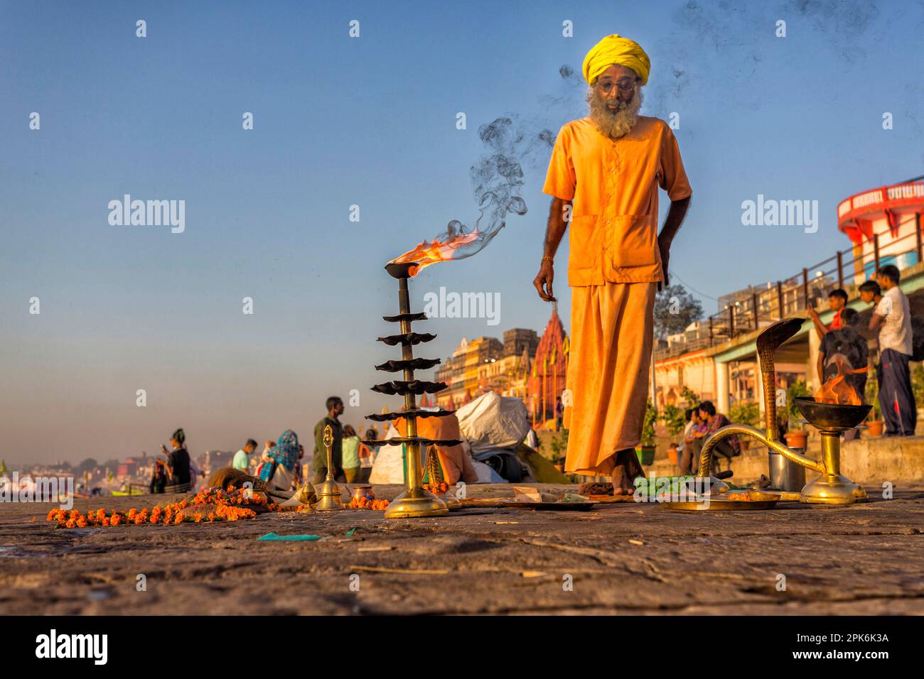 Spiritual morning prayer at the holy river Ganges in Varanasi, Hinduism ...