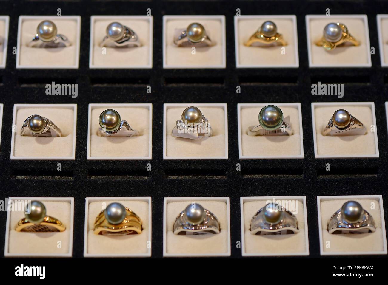 Rings with black cultured pearls, Praslin Island, Seychelles Stock ...