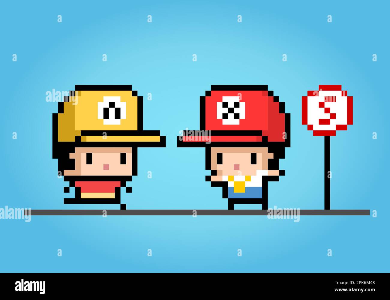 8 bits of pixel images of children are playing. Boy stopped friends ...
