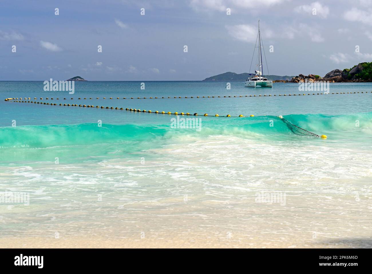 Shark protection net, shark net, Anse Lazio, Praslin Island, Seychelles ...