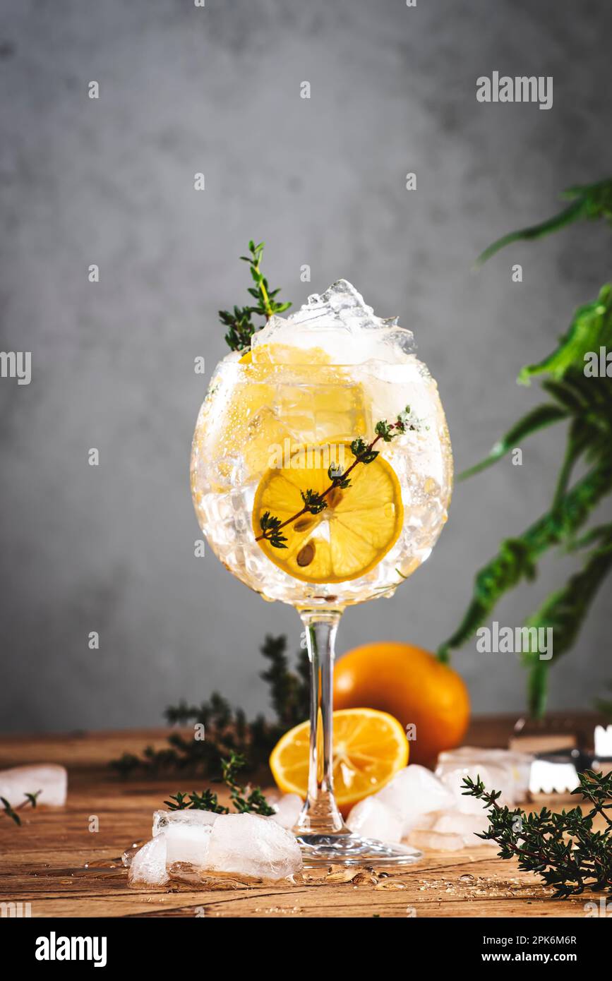 Gin tonic cocktail drink with dry gin, bitter tonic, lemon juice, thyme ...