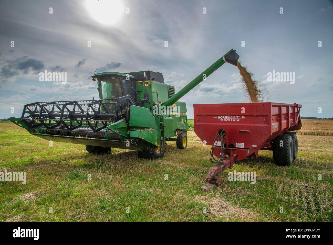 Barley (Hordeum vulgare) crop, John Deere combine harvester unloading ...