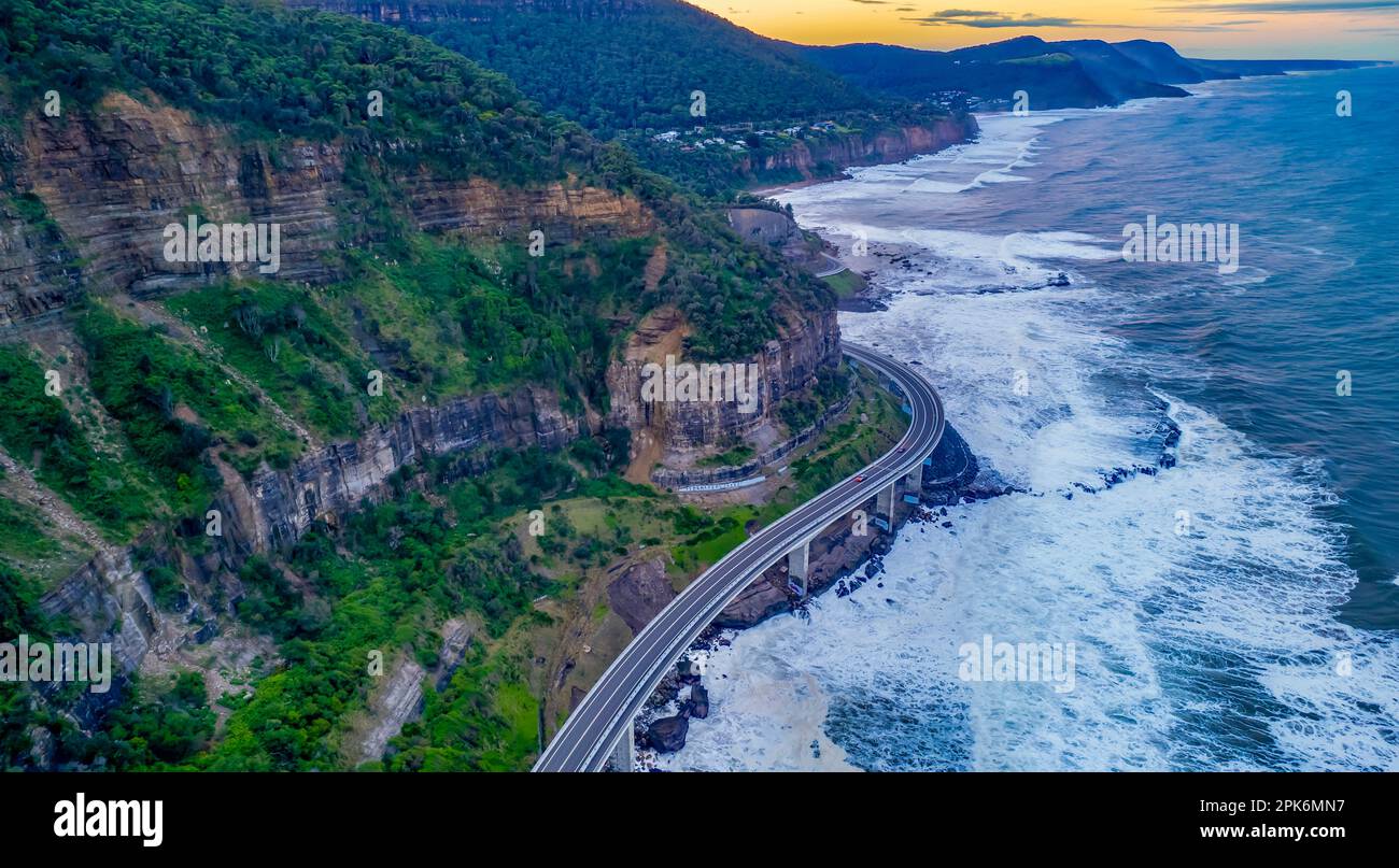 An aerial drone top view of the Seacliff bridge along the coastline on ...