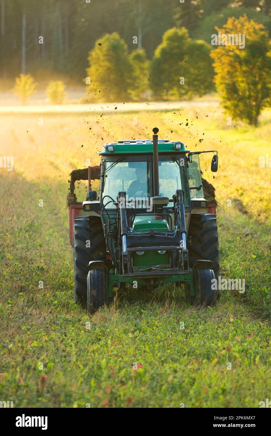 John Deere tractor pulling manure spreader, spreading manure in the ...