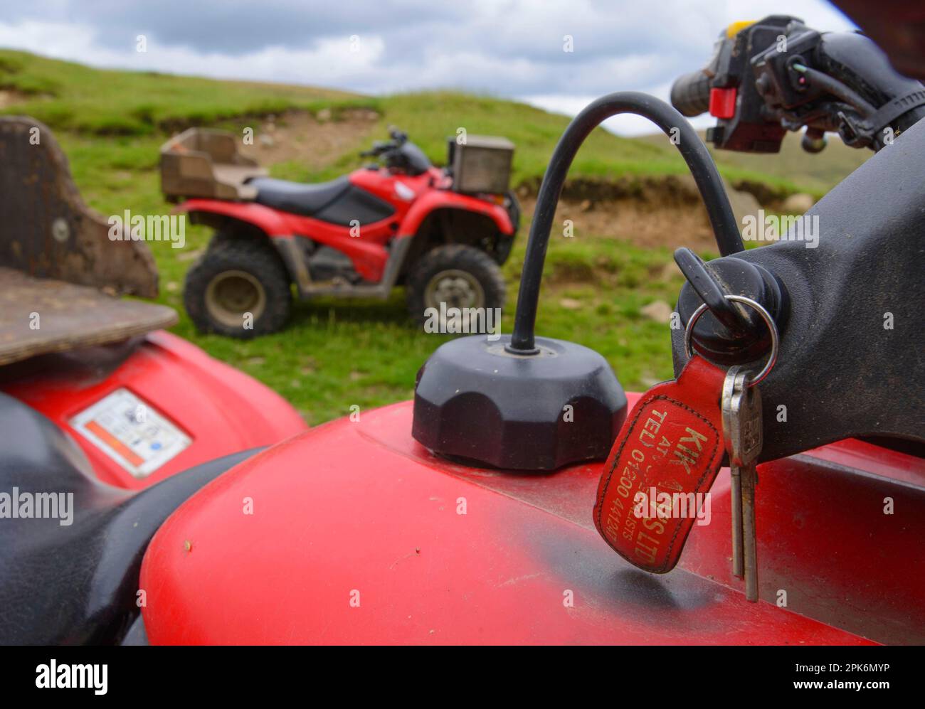Close-up of the keys in the Honda quad bike on the farm, Chipping ...