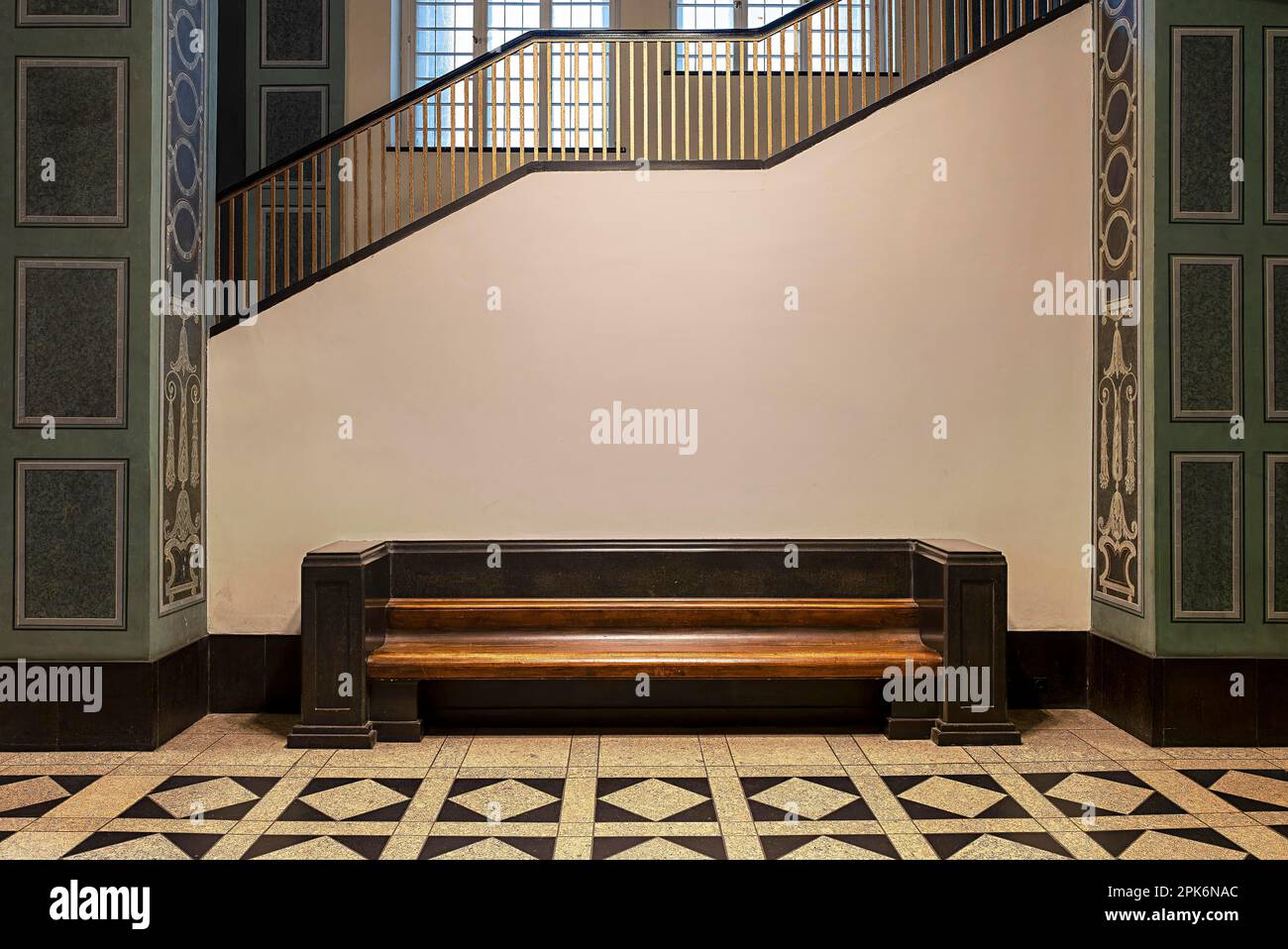 Wooden bench in retro style in the vestibule of Spandau Town Hall ...