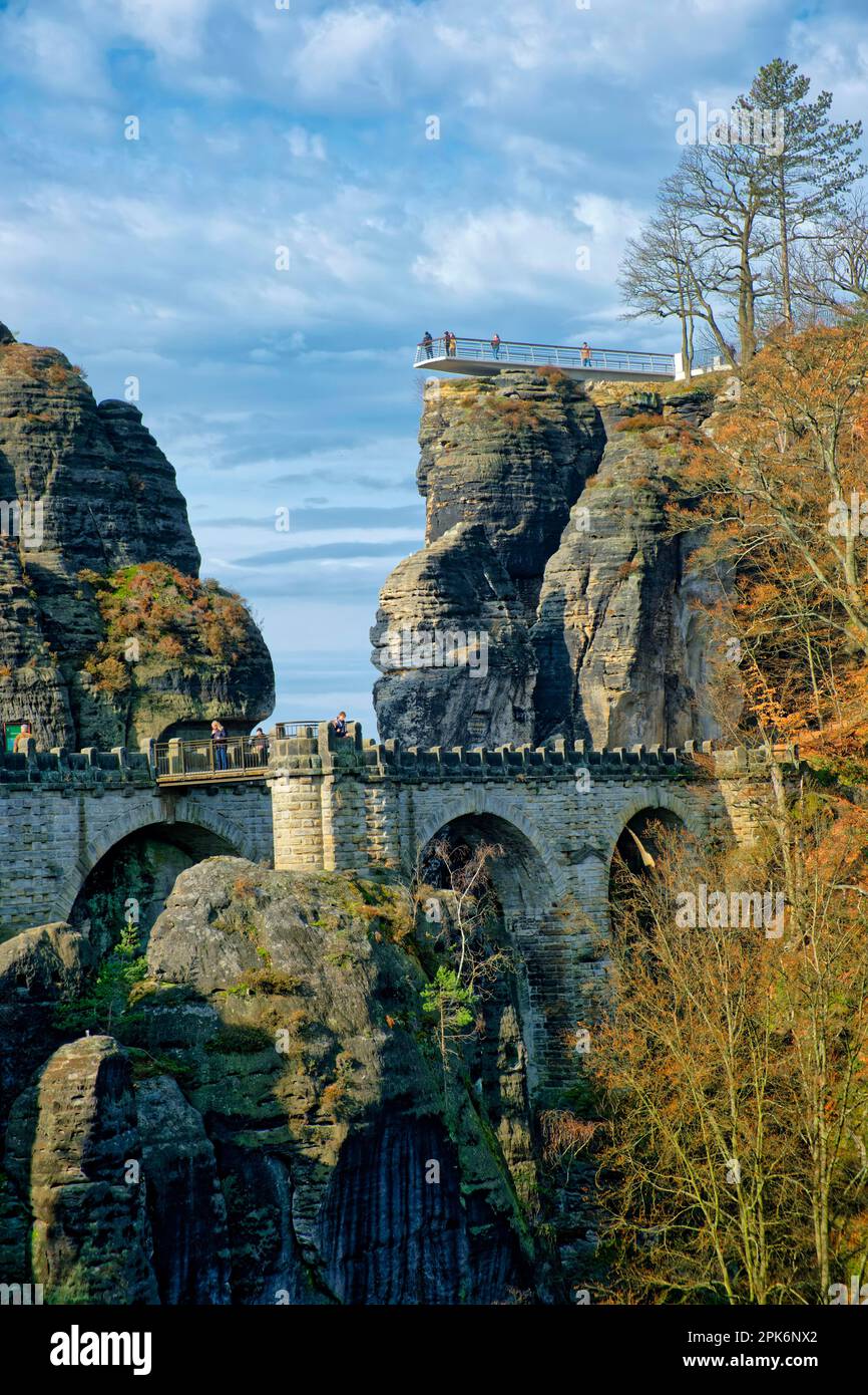 View from the rock castle Neurathen to the Bastei bridge and the new ...