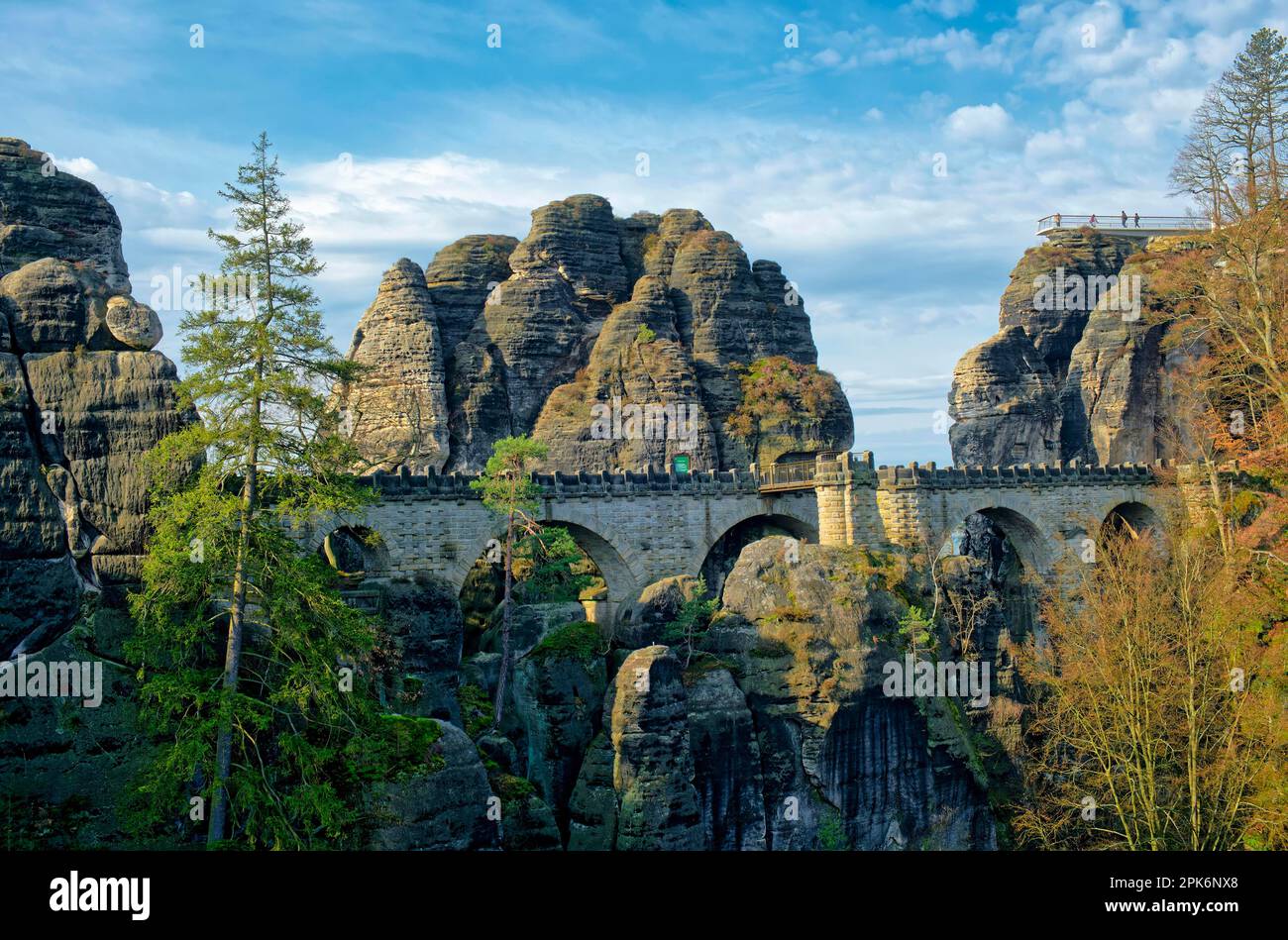View from the rock castle Neurathen to the Bastei bridge and the new ...