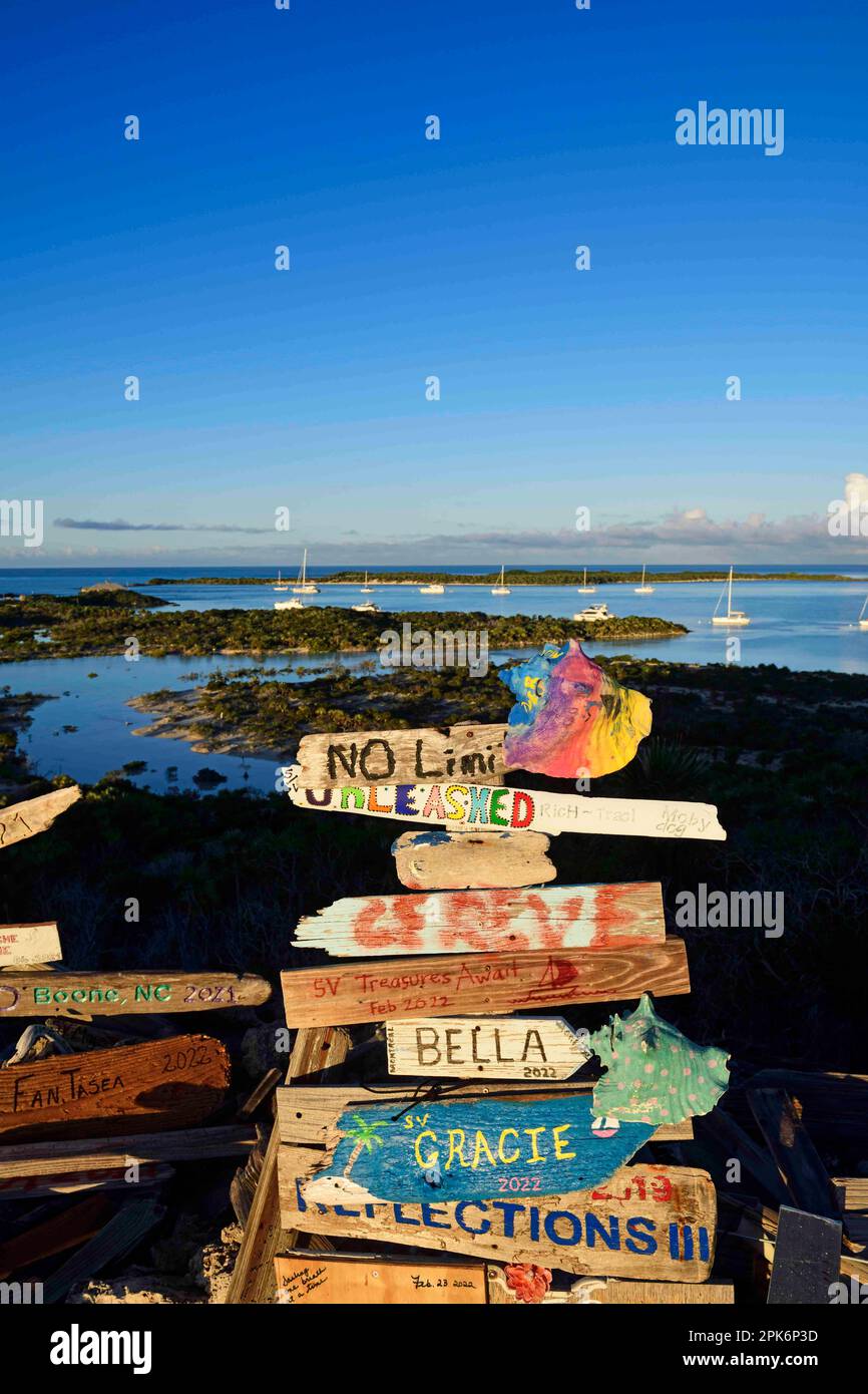Sign forest on Boo Boo Hill, Warderick Wells, Bahamas and Exuma Cays ...