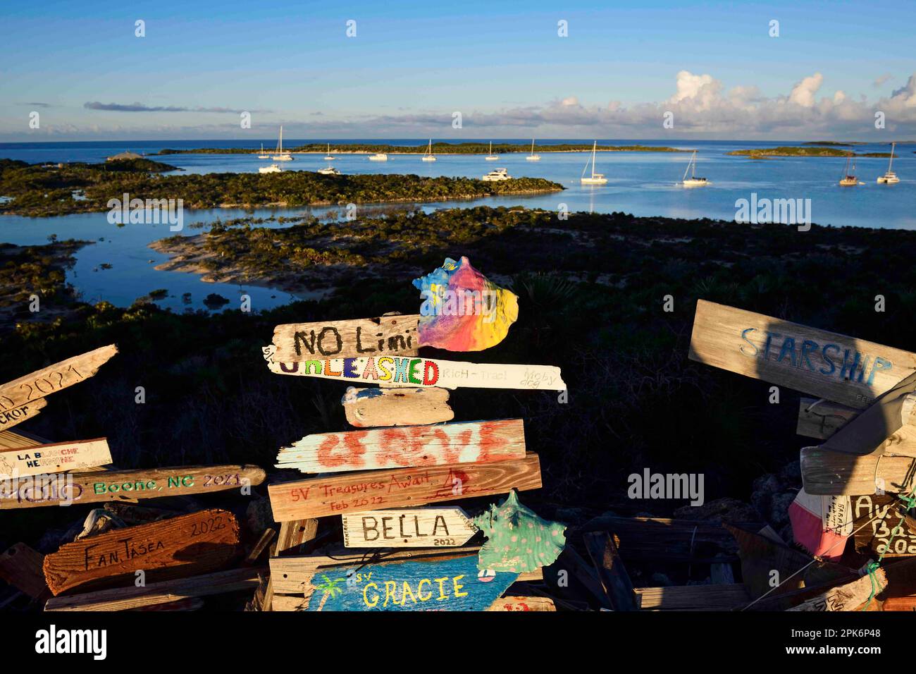 Sign forest on Boo Boo Hill, Warderick Wells, Bahamas and Exuma Cays ...