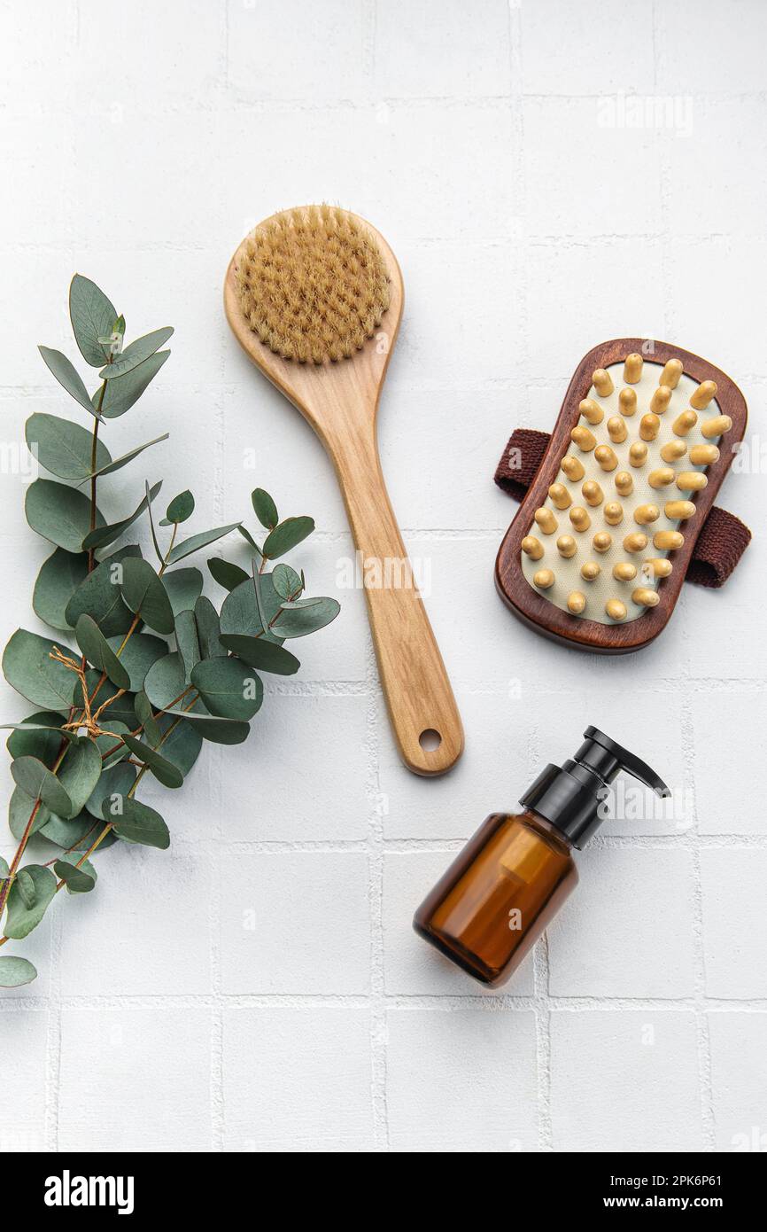 Spa Treatment Concept Natural Spa Cosmetics Products With Eucalyptus Oil Massage Brush