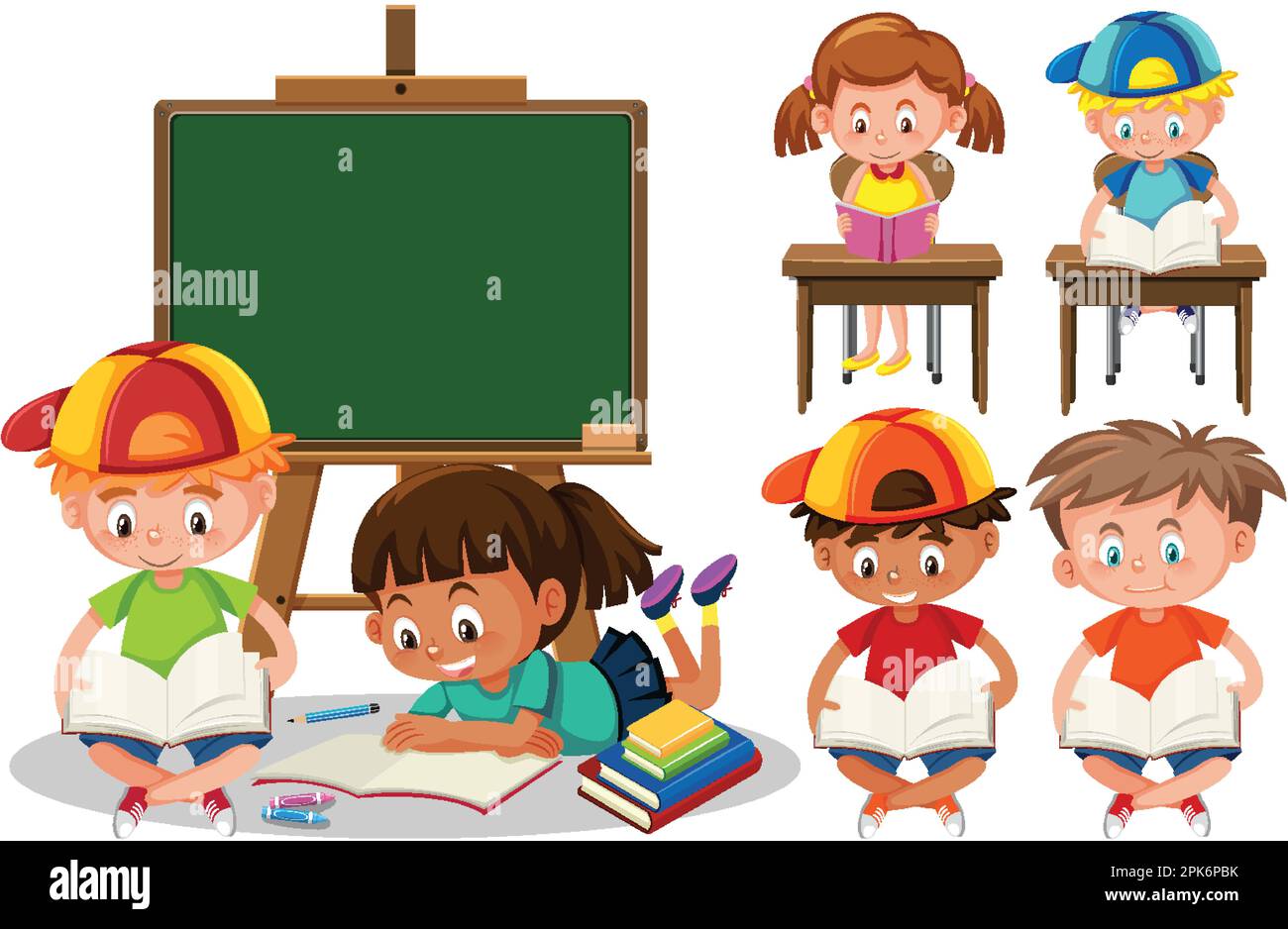 Set of students cartoon character learning illustration Stock Vector ...