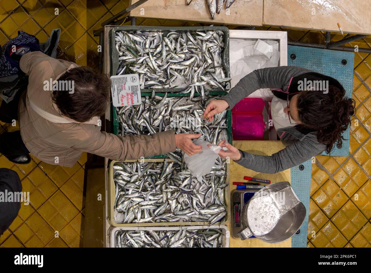 Birds eye colour photo of a stall full of sardines with the seller and ...