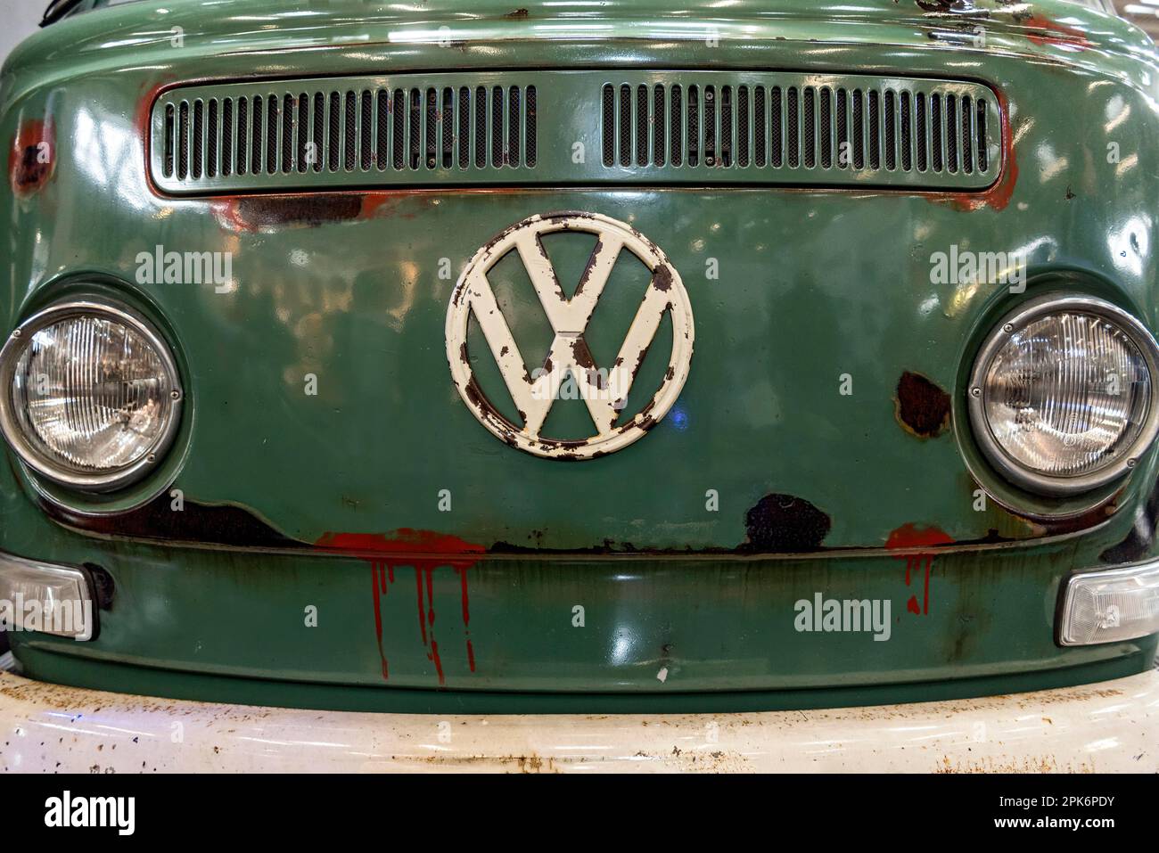 Oldtimer VW Volkswagen Type 2, T2 Transporter, Bulli, year of construction 1967 to 1979, logo on ...