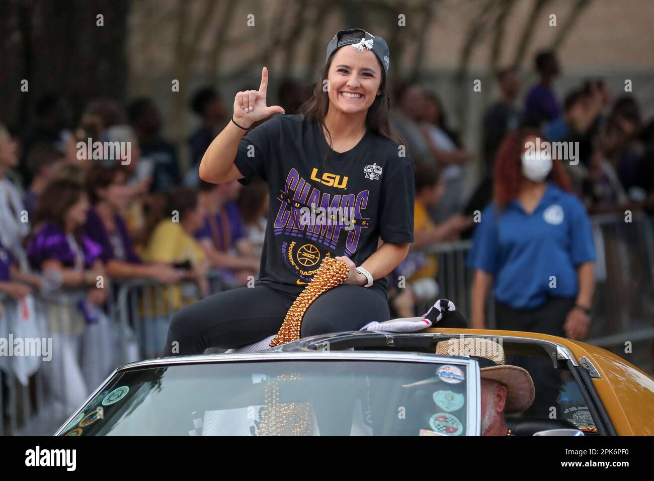 April 5, 2023: LSU Assistant Coach Kaylin Rice holds up the L sign ...