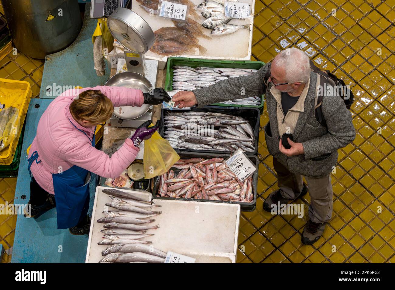 Birds eye colour photo of a stall full of different fish (sardine ...