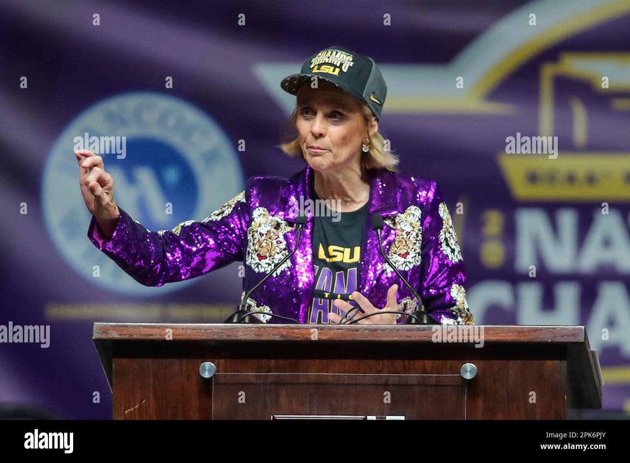 April 5, 2023: LSU Head Coach Kim Mulkey speaks to the crowd during LSU ...