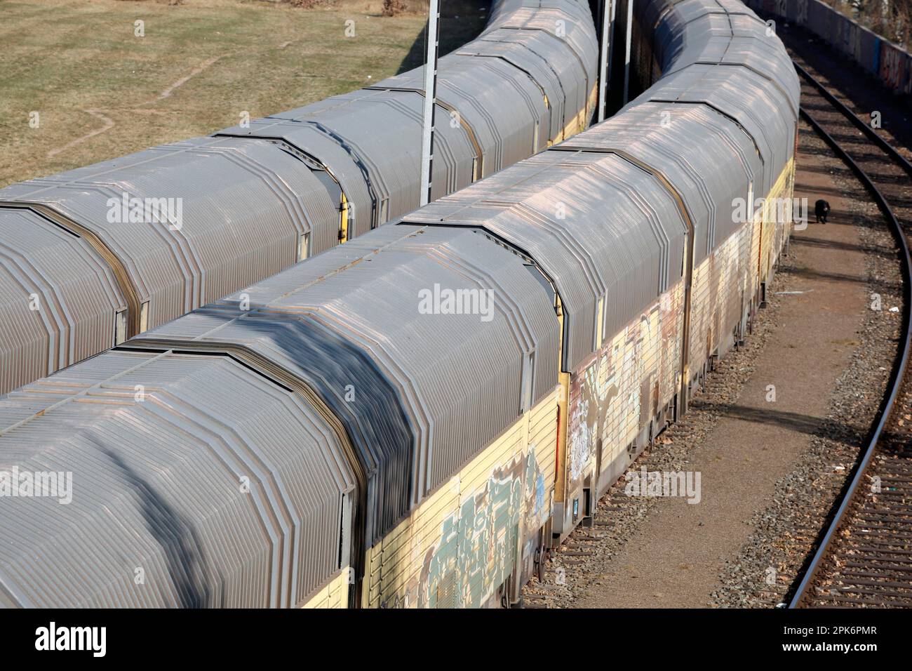 Birds eye view of a goods train with goods wagons, Bremen, Germany ...