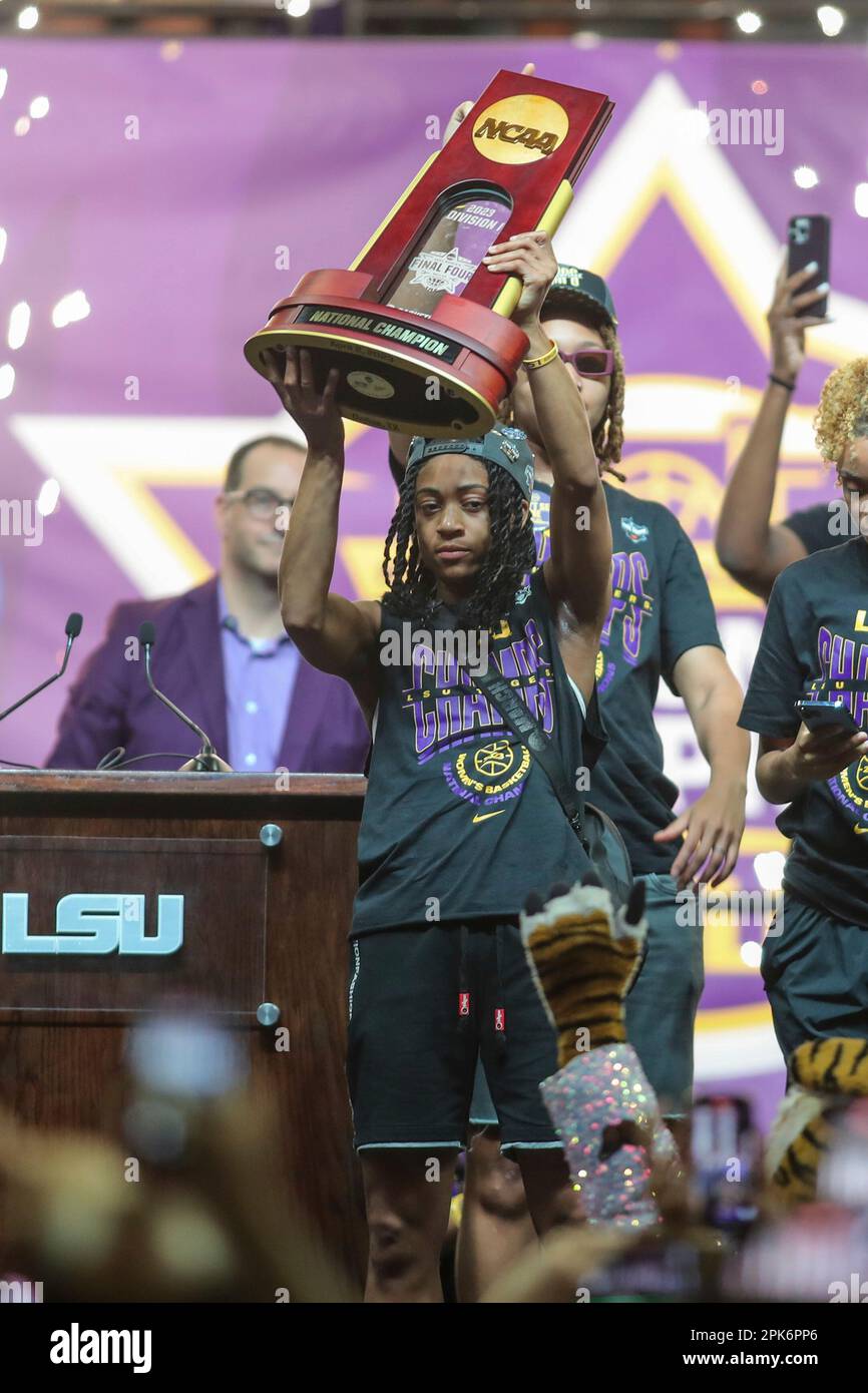 April 5, 2023: LSU's Alexis Morris holds up the NCAA Championship ...